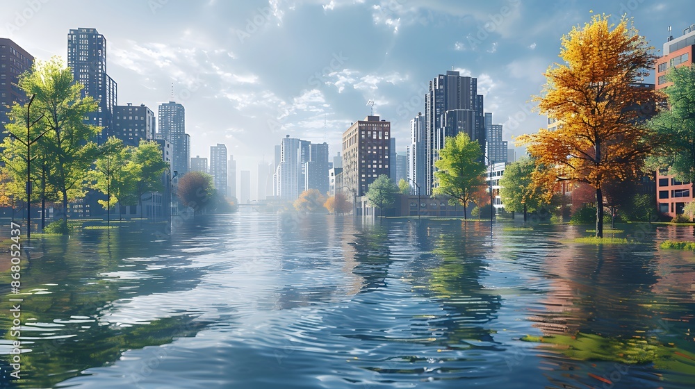 Climate Change, an expansive panoramic scene of a flooded city ...