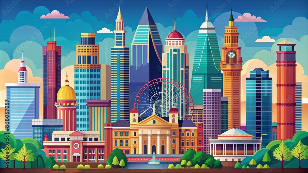 ภาพประกอบสต็อก Vibrant flat vector illustration of Atlanta's iconic ...