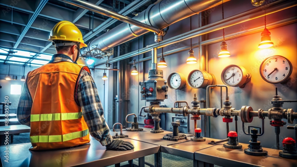 ภาพประกอบสต็อก Industrial control room with metal pipes, gauges, and ...