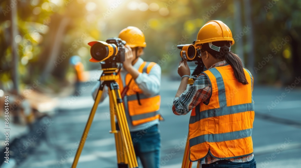 Collaboration of surveyor engineers utilizing a theodolite for accurate ...