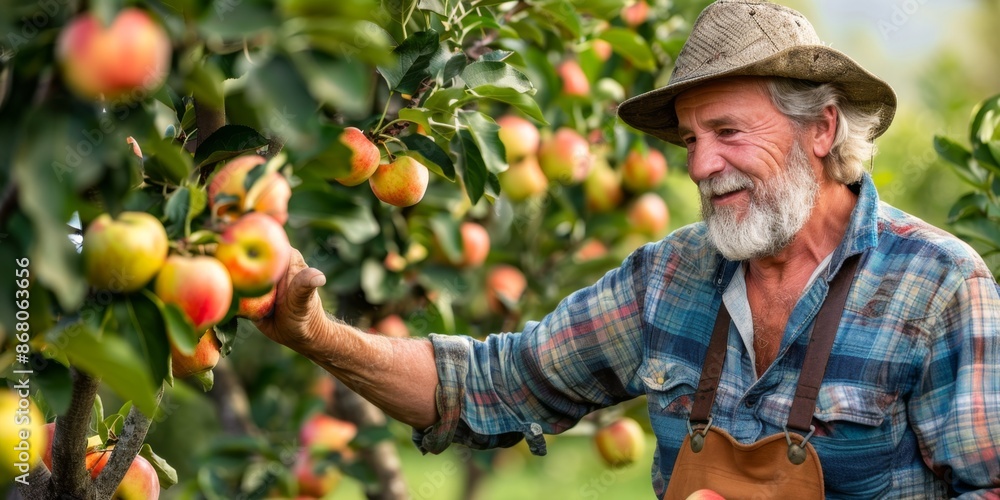 Happy Farmer Picking Apples from Orchard Trees, Celebrating Labor Day ...