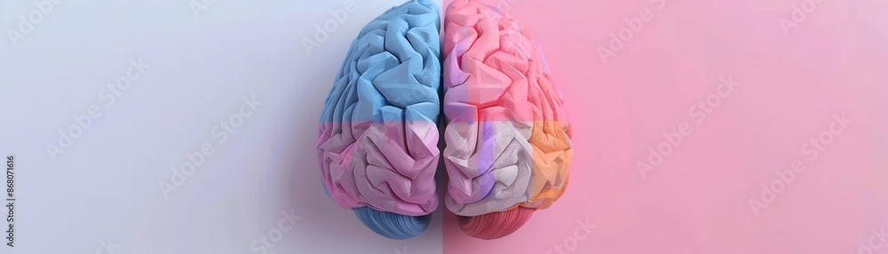 Colorful human brain model split into two halves, each with different ...