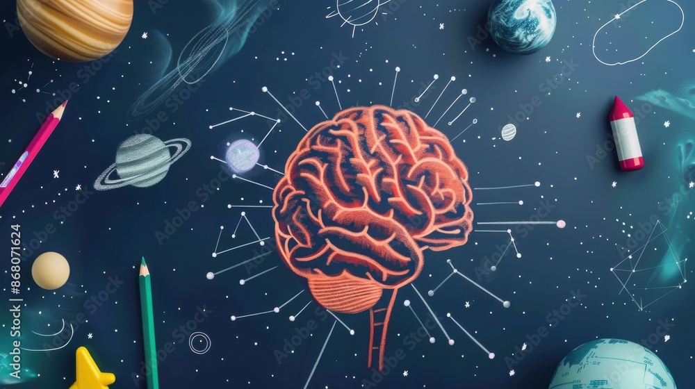 Colorful depiction of a brain surrounded by planets and cosmic elements ...