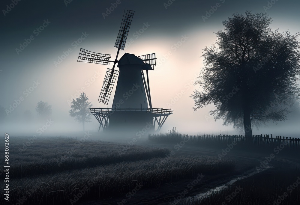 eerie foggy field haunted windmill standing alone misty landscape ...