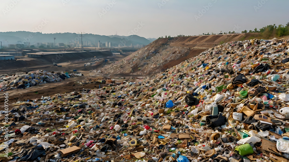 A massive landfill overflowing with piles of garbage and waste. and the ...