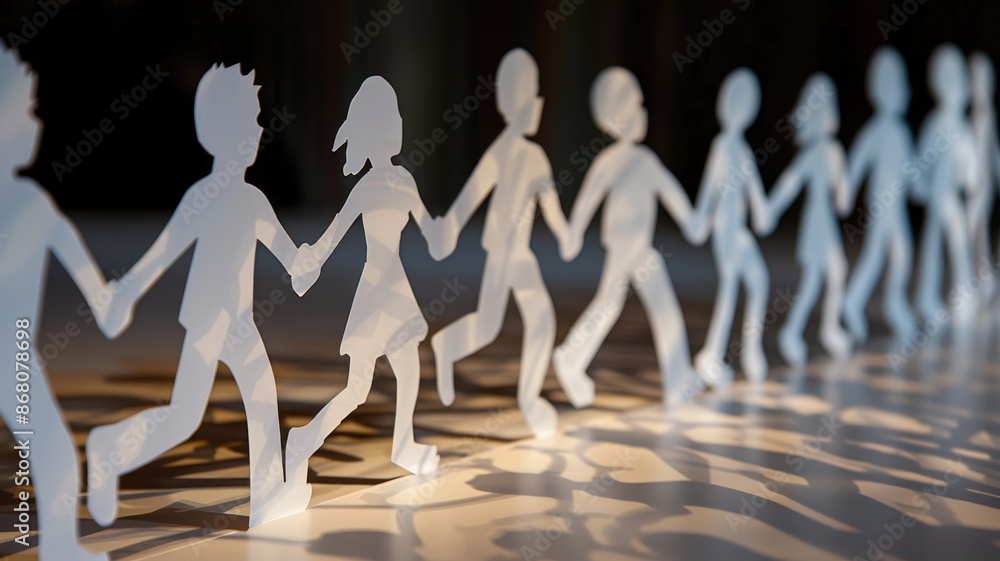 Paper cutouts of children holding hands in a row. Close up of paper cut ...
