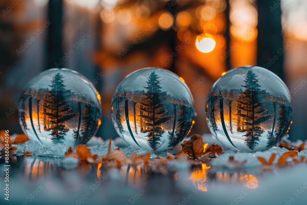 crystal spheres with trees inside are lined up side by side against a ...