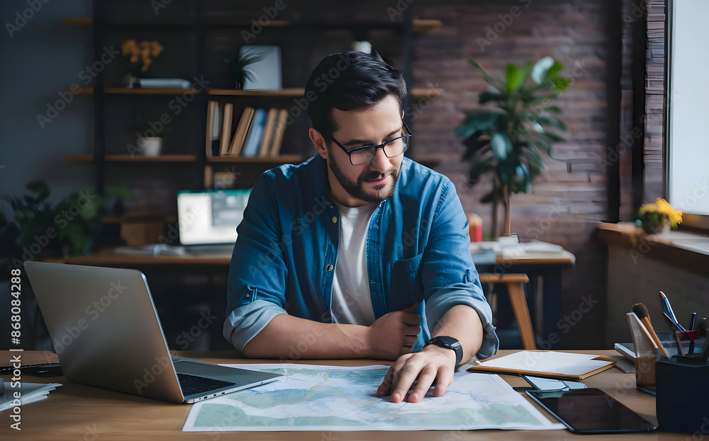 Portrait of professional cartographer looking at laptop monitor screen ...