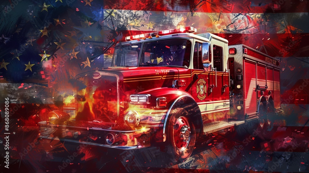 American flag on a fire truck, symbolizing heroism and community ...