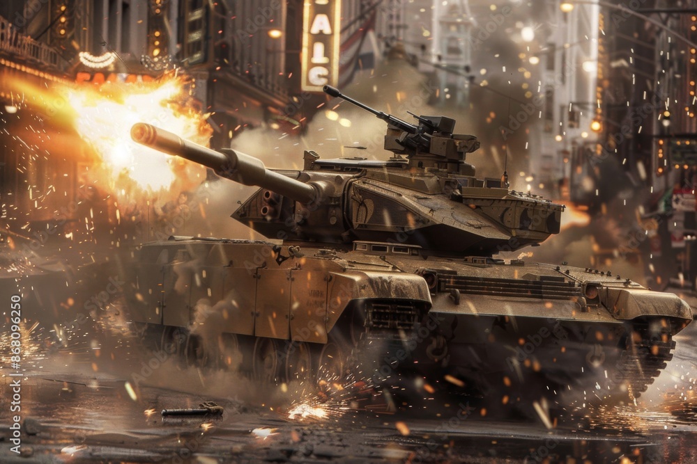 A photorealistic depiction of an Military tank M1 Abrams engaged in a ...