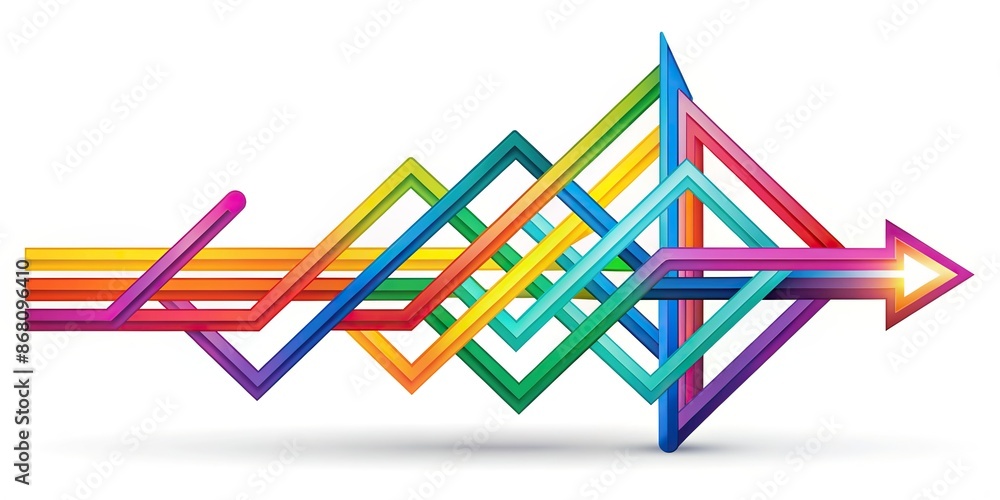 Vibrant, interconnected lines weave together in a dynamic arrow shape ...