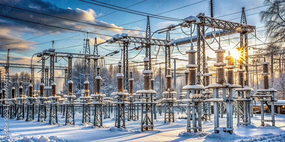 Snow-covered high voltage electrical substation in Ukraine, featuring ...