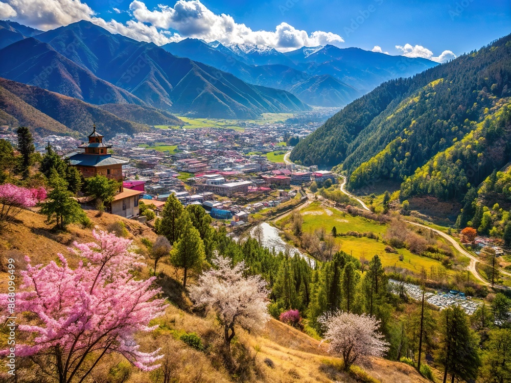 Mountain forest in Bhutan, the Himalayas in the spring, on the way to ...