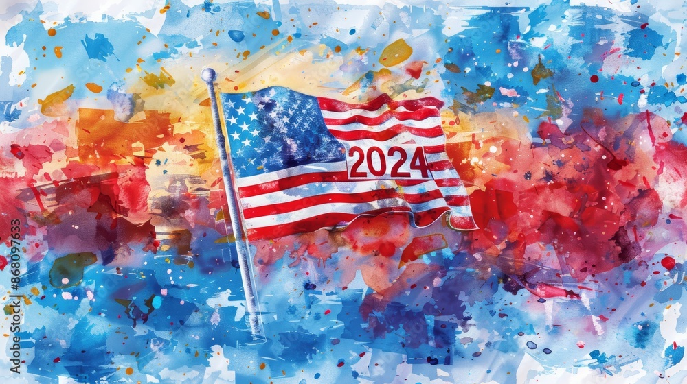 American flag waving in the wind with the number 2024. Watercolor ...