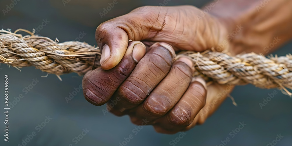 Hand gripping frayed rope veins and tendons visible showing ...