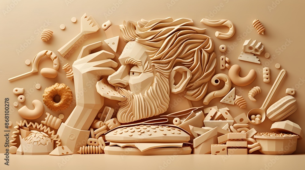 Papercraft cut of a man with Pica syndrome eating food, surrounded by a ...