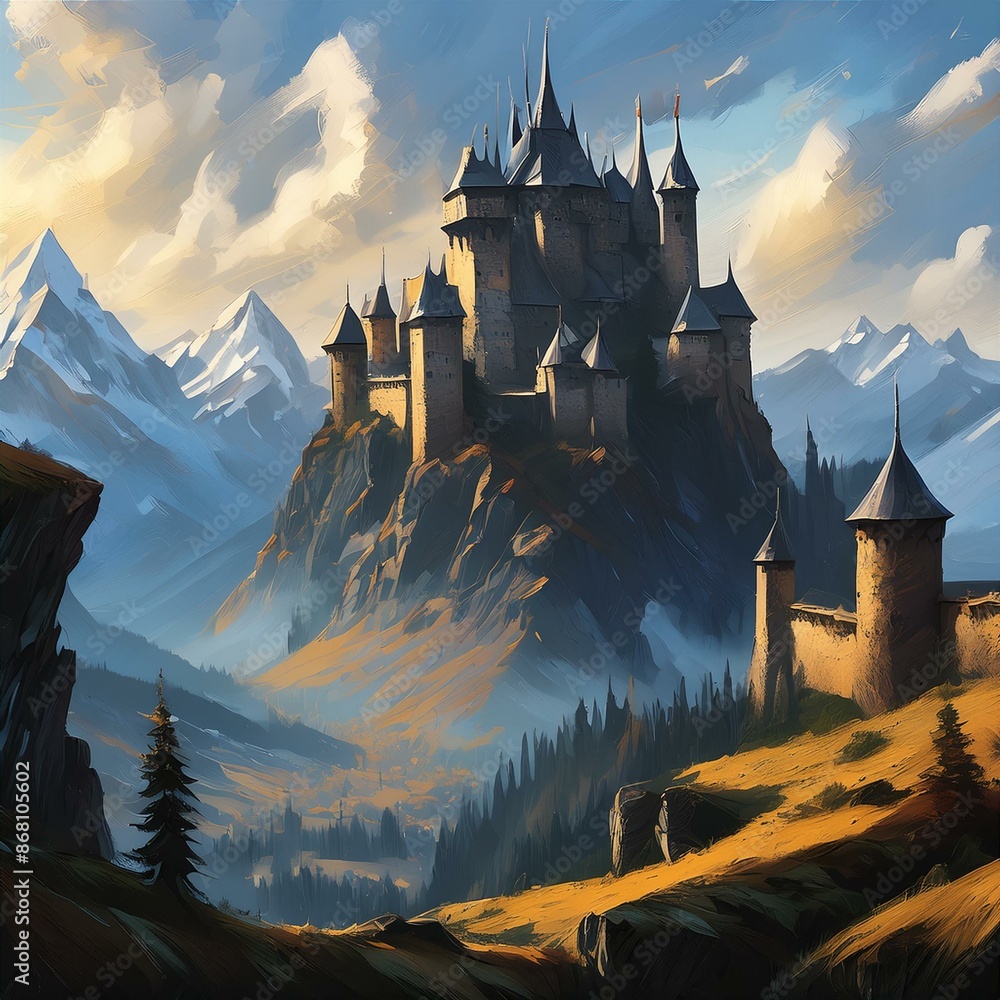 panorama of the mountains featuring an epic multi-leveled fortress city ...