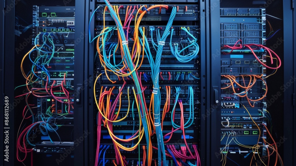 Ilustrace „Network rack wiring diagram in blueprint style, color-coded ...