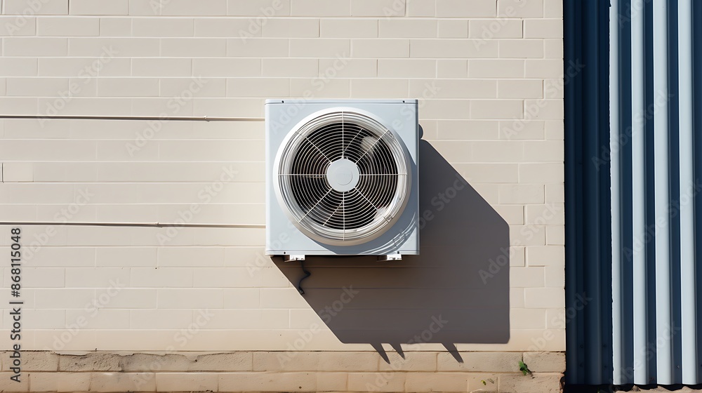 The image shows an air conditioning unit mounted on an outside wall ...