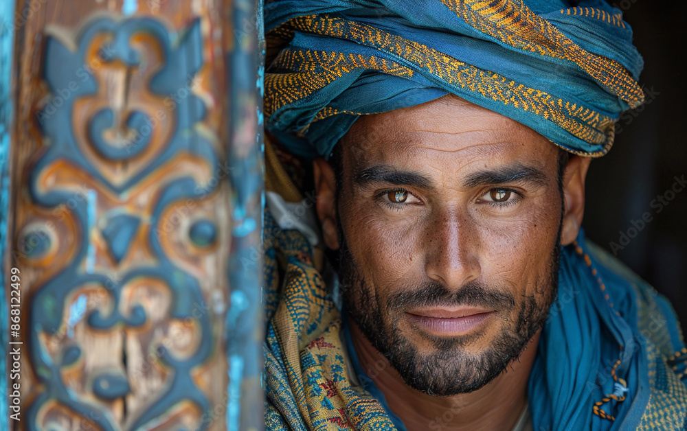 A Berber man, dressed in traditional clothing, stands in a doorway. The ...