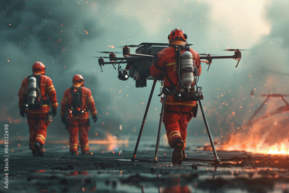 Emergency response team of futuristic firefighters deploying autonomous ...