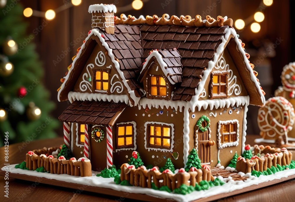 charming gingerbread house adorned with royal icing details, chocolate ...