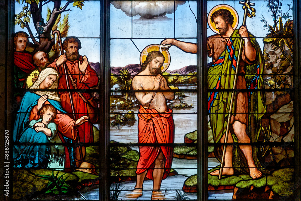 Baptism of Jesus by John the Baptist in the Jordan river. Baptême de ...