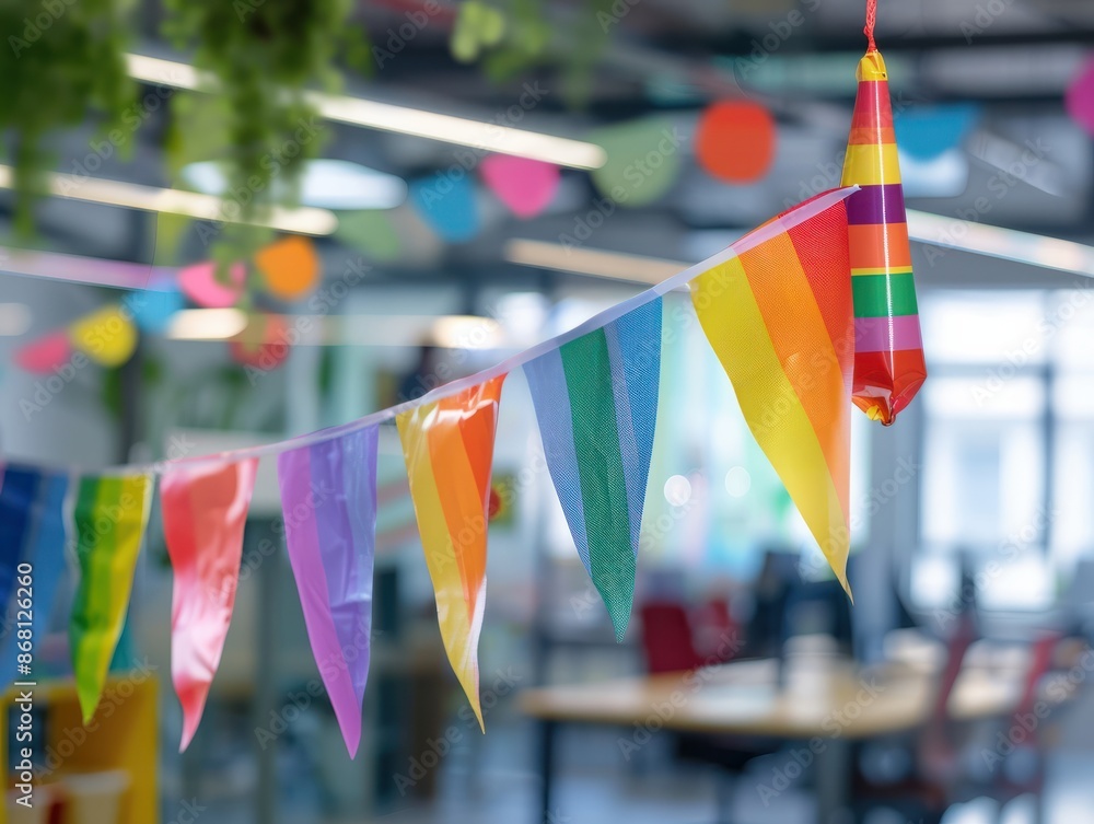 Celebrating pride month in the office. Blurred open plan vibrant ...