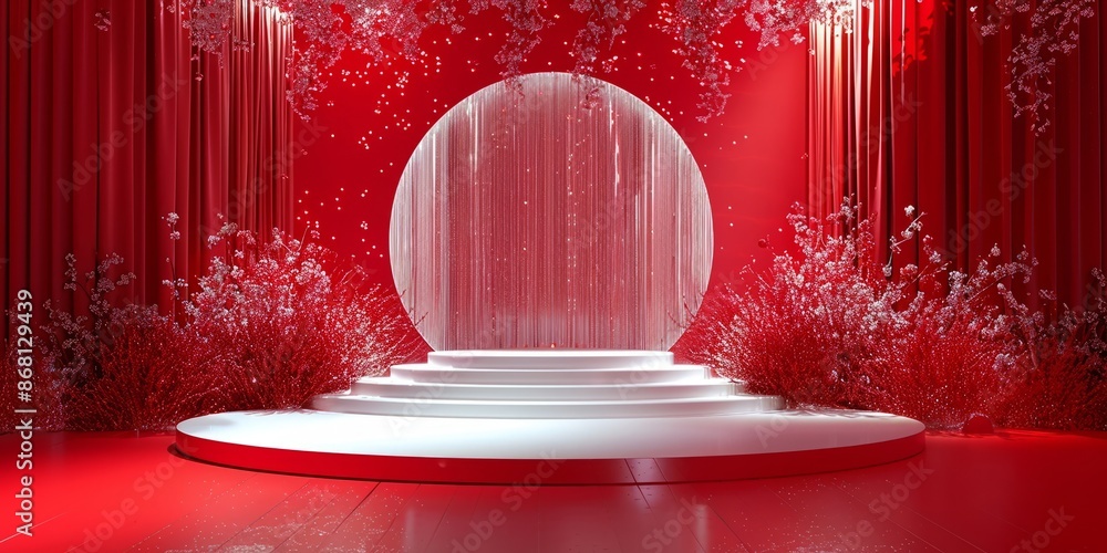 Elegant Red Stage with White Circular Backdrop and Decorations Stock ...