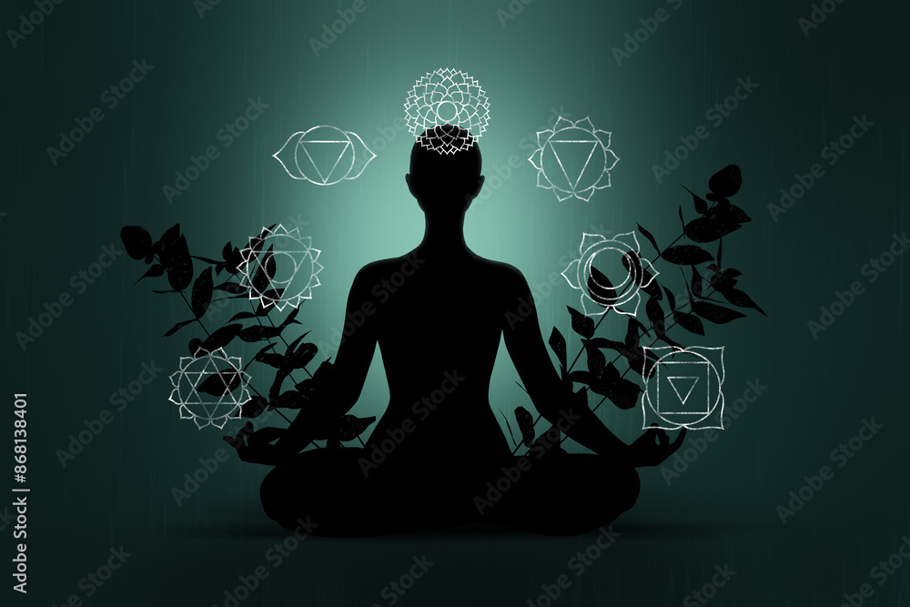 Chakra Alignment Meditation Silhouette with Sacred Geometry Symbols and ...