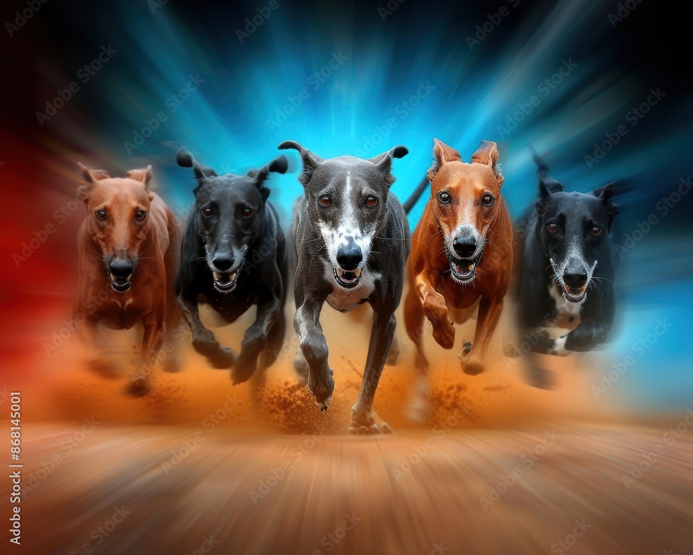 Dynamic image of five diverse greyhound dogs racing towards the camera ...