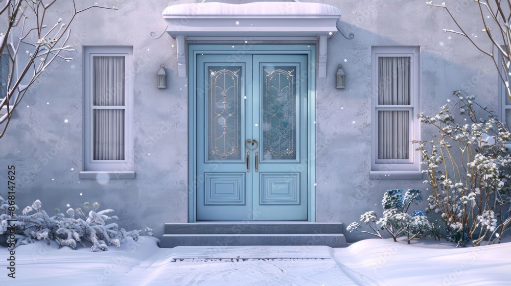 pastel blue door with elegant glasswork on a grey stucco house, serene ...