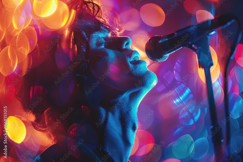 A mesmerizing close-up of a singer performing on stage, illuminated by ...