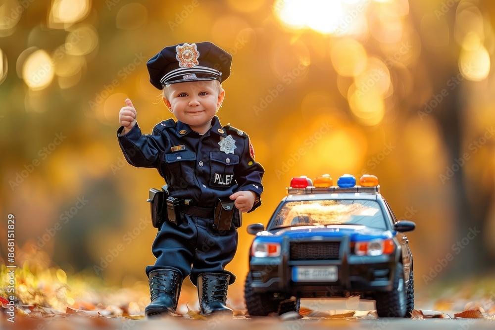 Cute child dressed as a police officer, standing next to a toy police ...