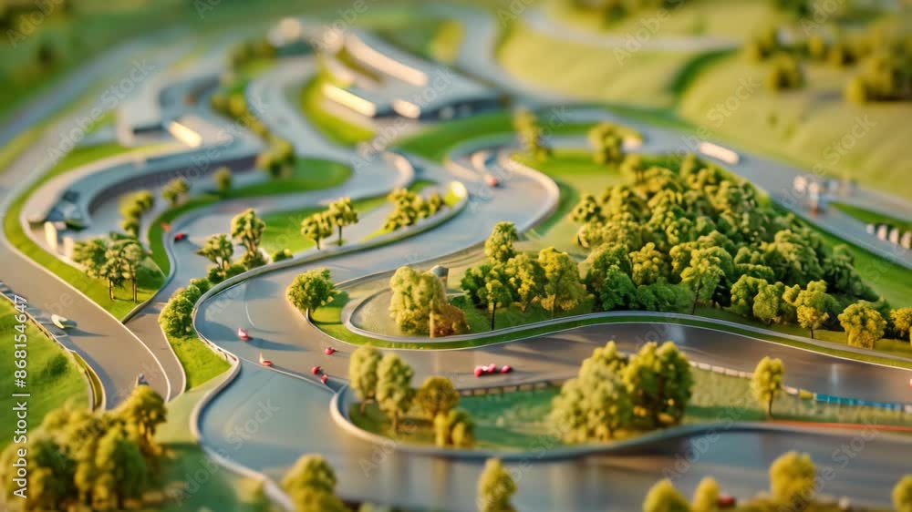 A model of a race track winding through a forest setting, depicting a ... A model of a race track winding through a forest setting, depicting a ...