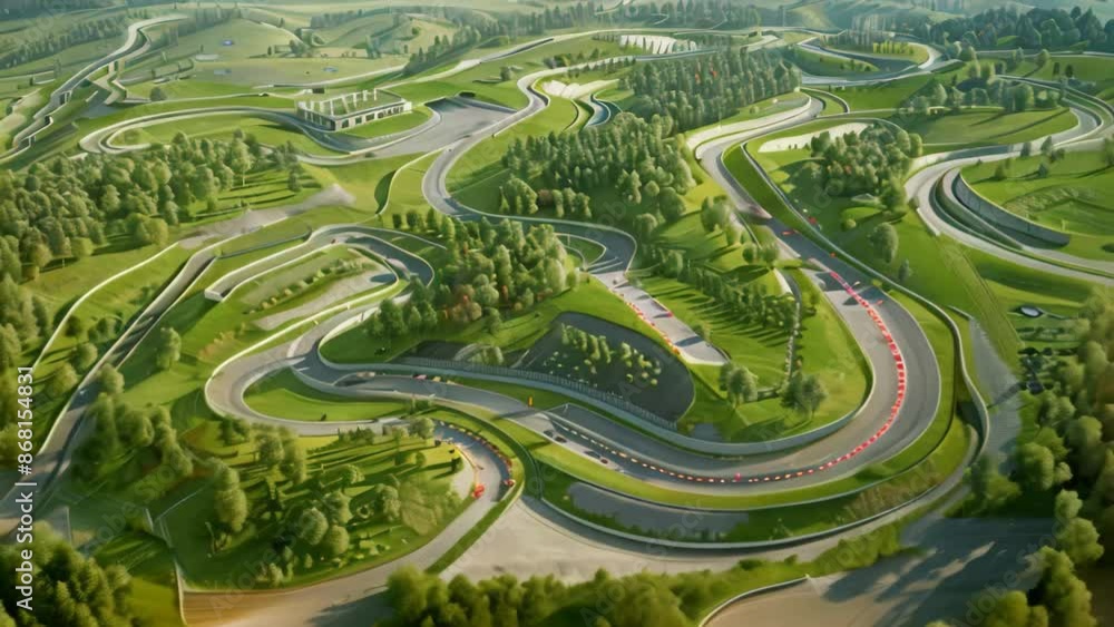 A race track in the countryside with winding curves and straightaways ...