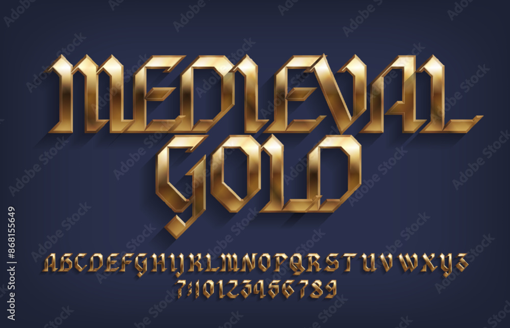 Medieval Gold alphabet font. 3d old letters and numbers. Stock vector ...