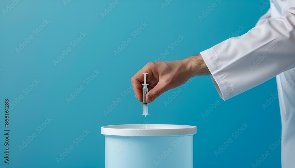 Doctor throwing used syringe into sharps container on light blue ...