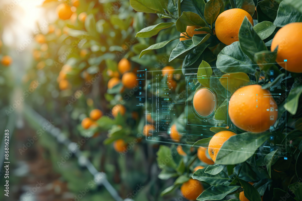 Orange orchard with virtual screens displaying data. Concept of smart ...