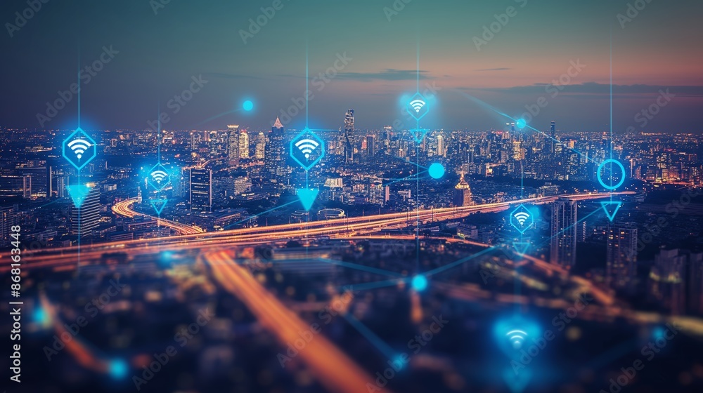 Abstract smart city lights by night, river bridge, network connectivity ...