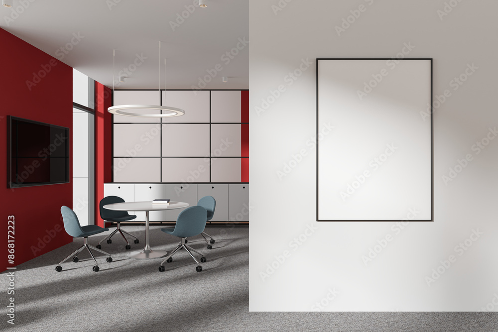 Modern office interior with meeting table and tv screen, window and ...