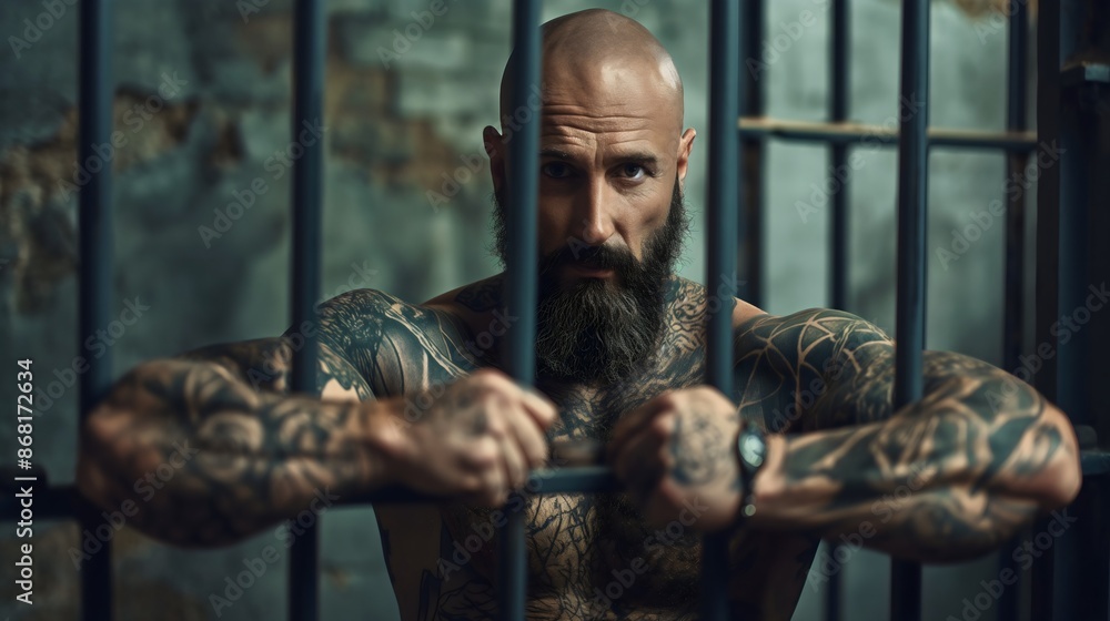 A muscular, bald, and tattooed prisoner with a big black beard is ...