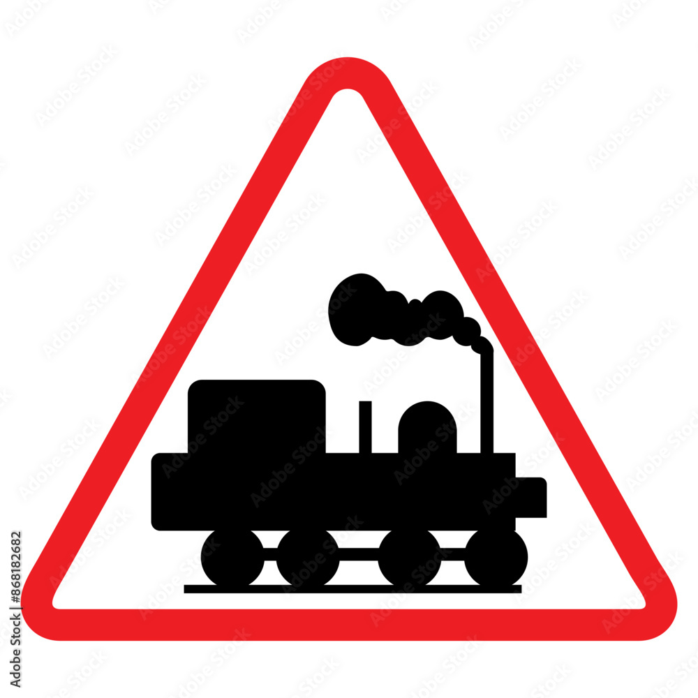 Unguarded Level crossing warning sign, red triangle, black arrow ...