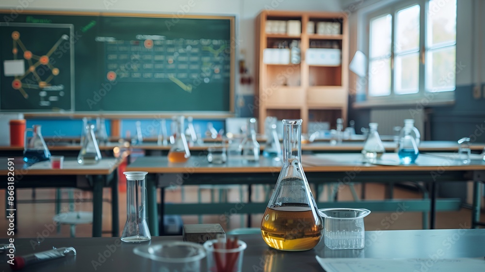 A science classroom with lab equipment set up on the tables and a ...