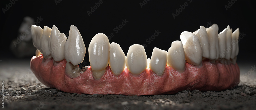 an ancient artificial jaw unearthed from the ground, depicted with ...