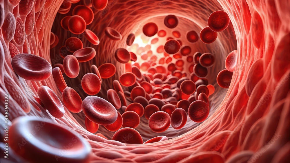 Red blood cells flowing through a blood vessel, carrying oxygen ...