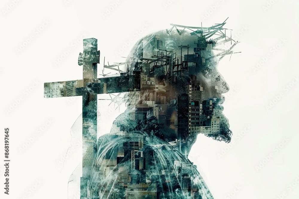 Double exposure illustration with Jesus Christ and the cross Stock ...