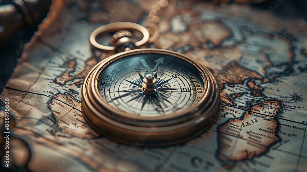 This evocative image captures a close-up of a vintage brass compass ...