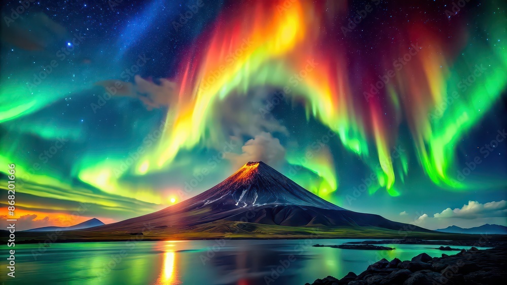 Solar storm causing vibrant Aurora Borealis display over a volcano at ...