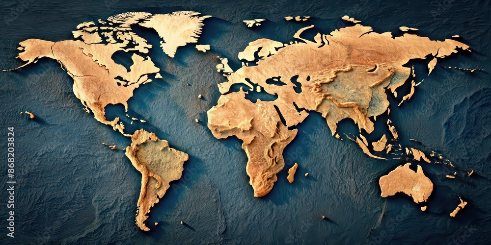 World map showing the relief of the land on a dark background, world ...